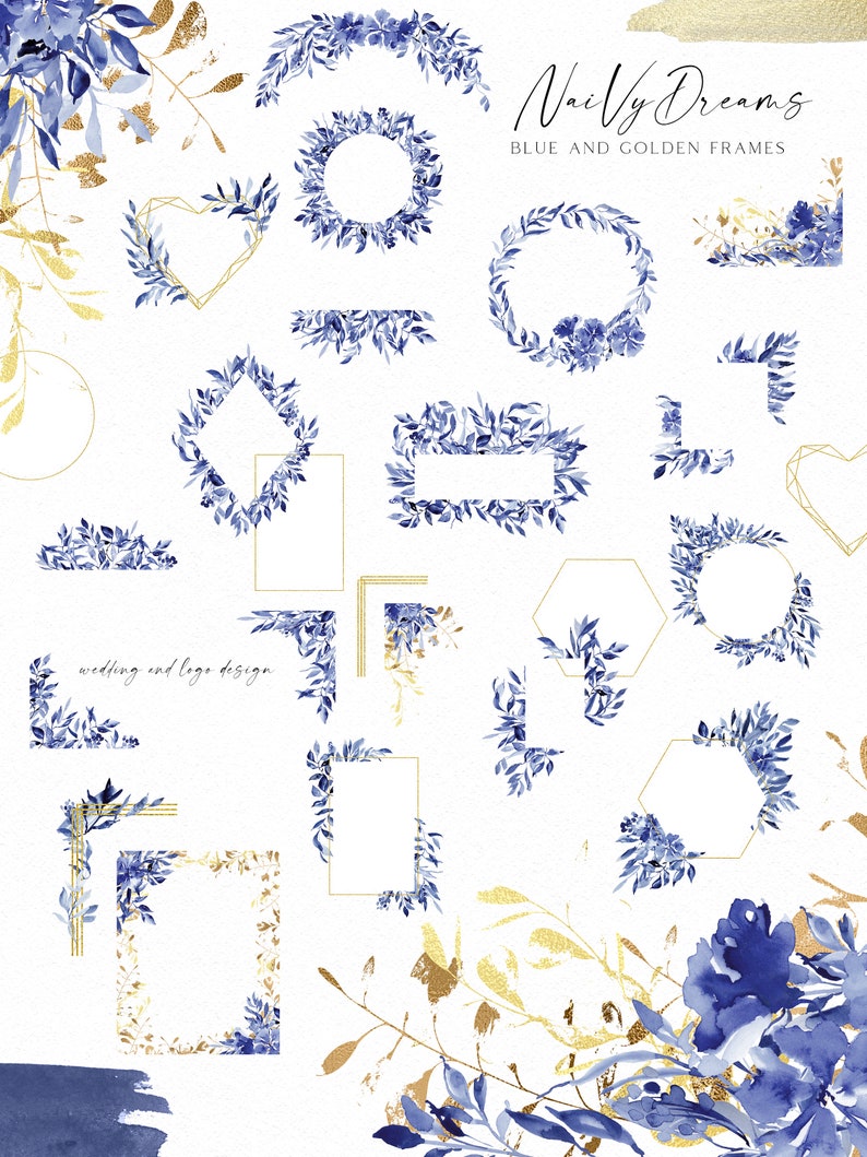 Navy Blue Watercolor Clipart Dusty Blue Floral Frames for - Etsy