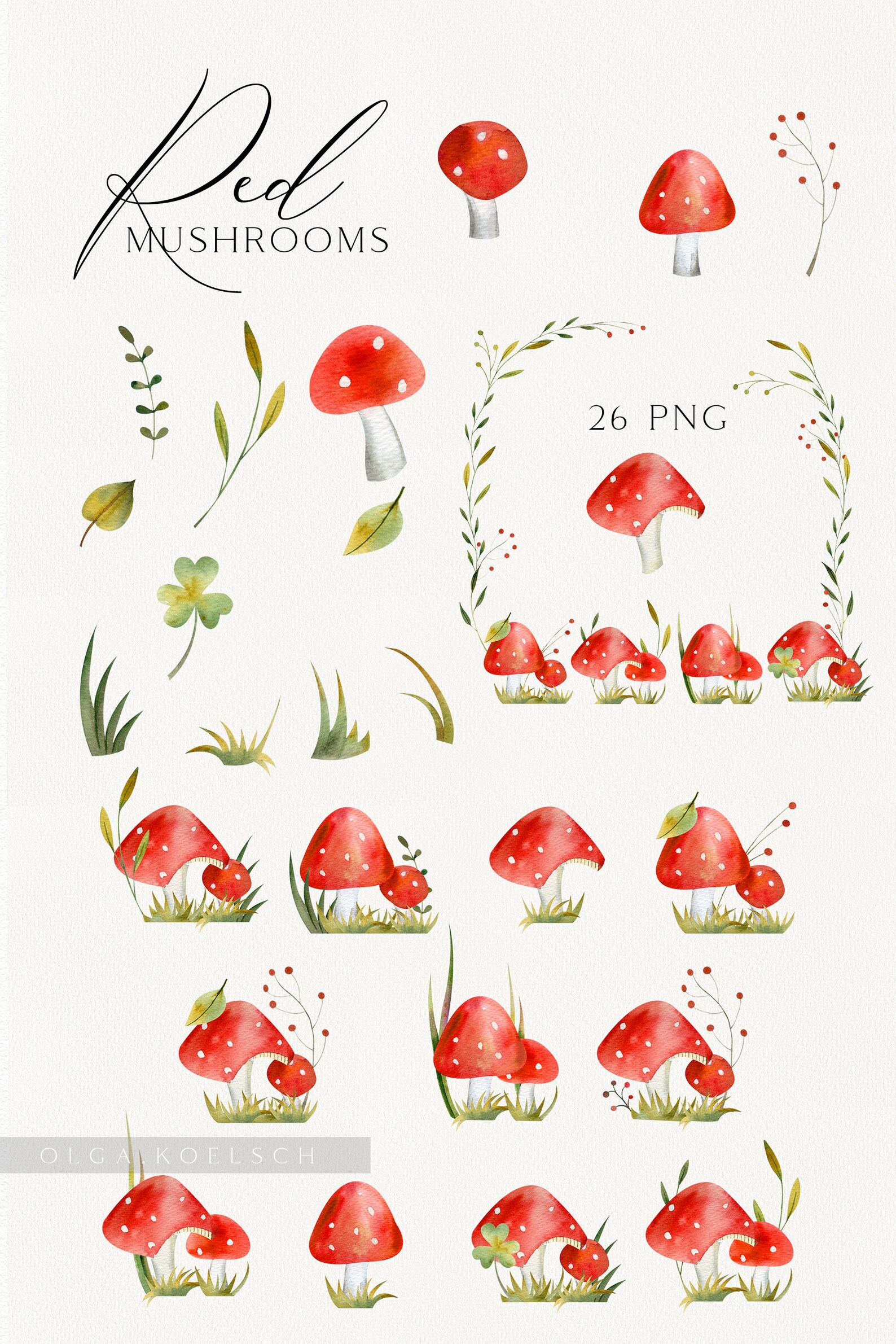 Watercolor mushroom clipart Forest mushrooms png red cute | Etsy