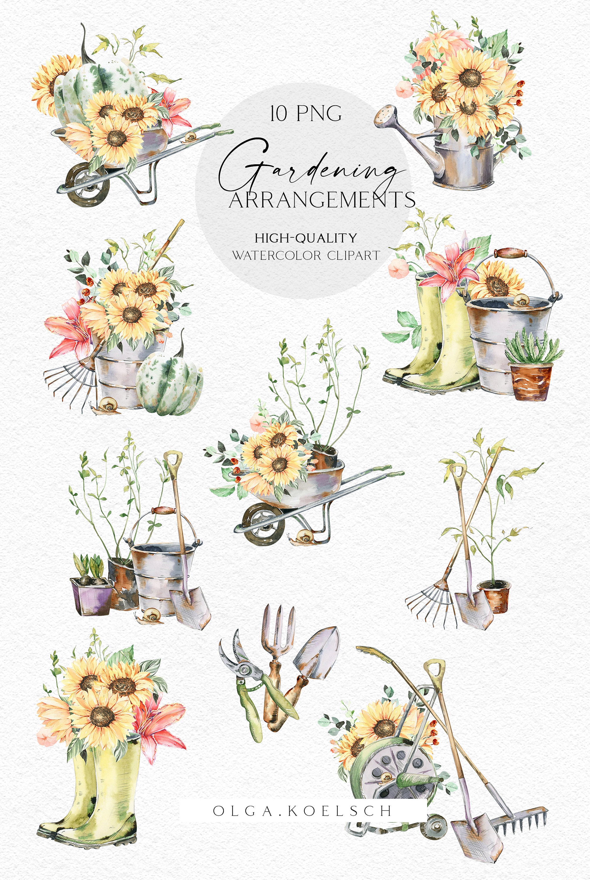 Watercolor Gardening Clipart Hand-painted Garden Tools Png - Etsy
