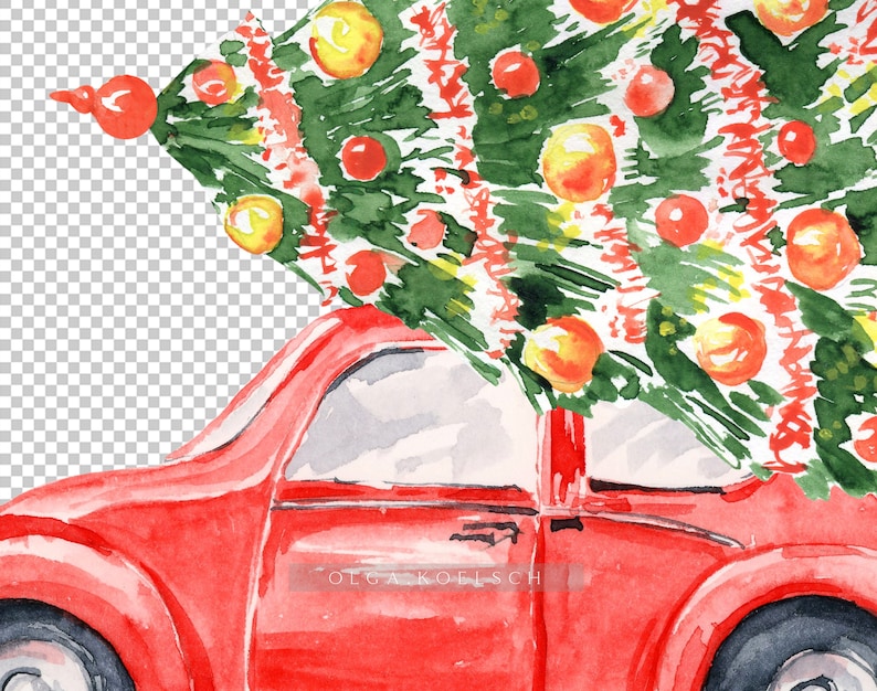 Watercolor Red Christmas Truck Clipart, Christmas Tree PNG (3000x3000 ...