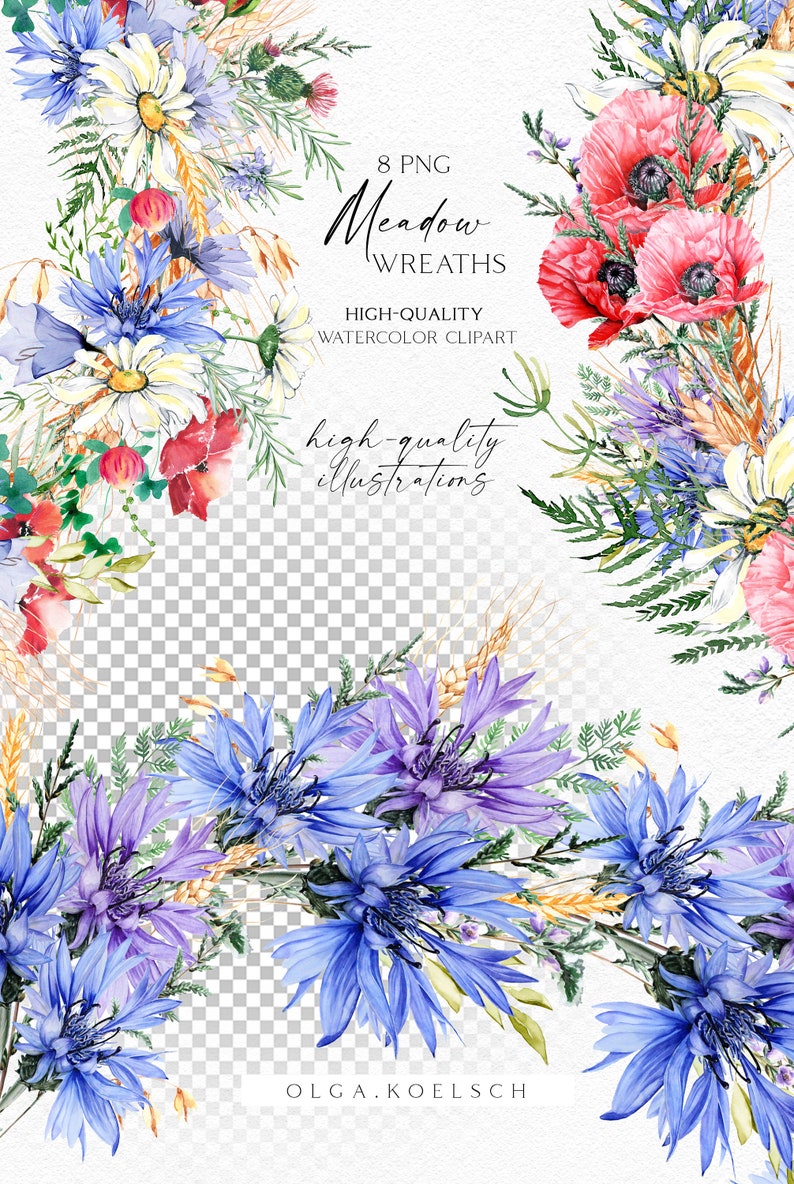 Watercolor Boho Wreath Clipart Wild Flowers Png Meadow | Etsy