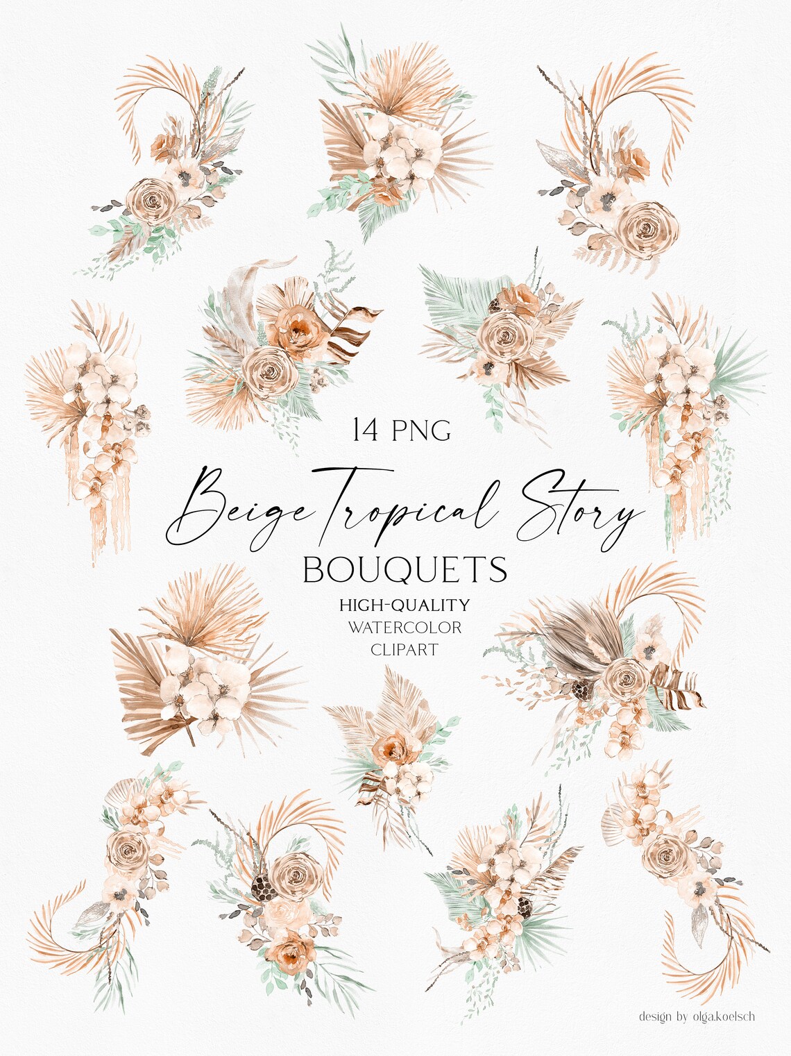 Watercolor Boho Floral Clipart, Tropical Leaves and Roses Bouquets Png ...