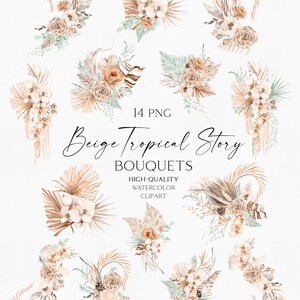 Watercolor Boho Floral Clipart, Tropical Leaves and Roses Bouquets Png ...
