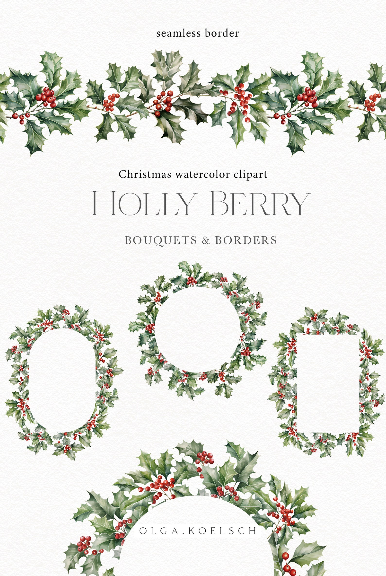 Watercolor Holly Berry Clipart for Christmas Scrapbook Greeting Cards ...