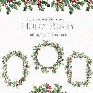 Watercolor Holly Berry Clipart for Christmas Scrapbook Greeting Cards ...
