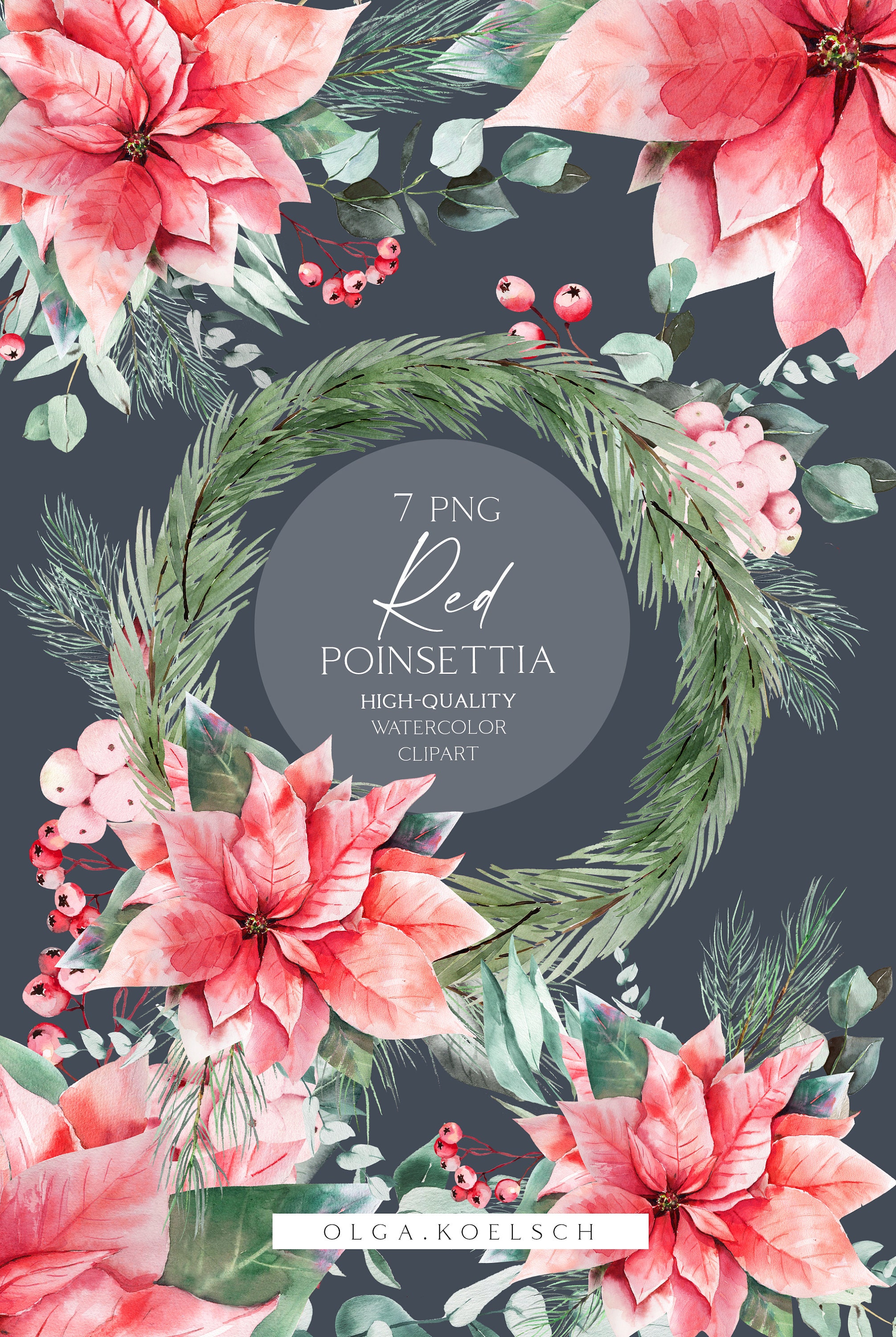 Watercolor Poinsettia Clipart Red Poinsettia Wreath Png - Etsy