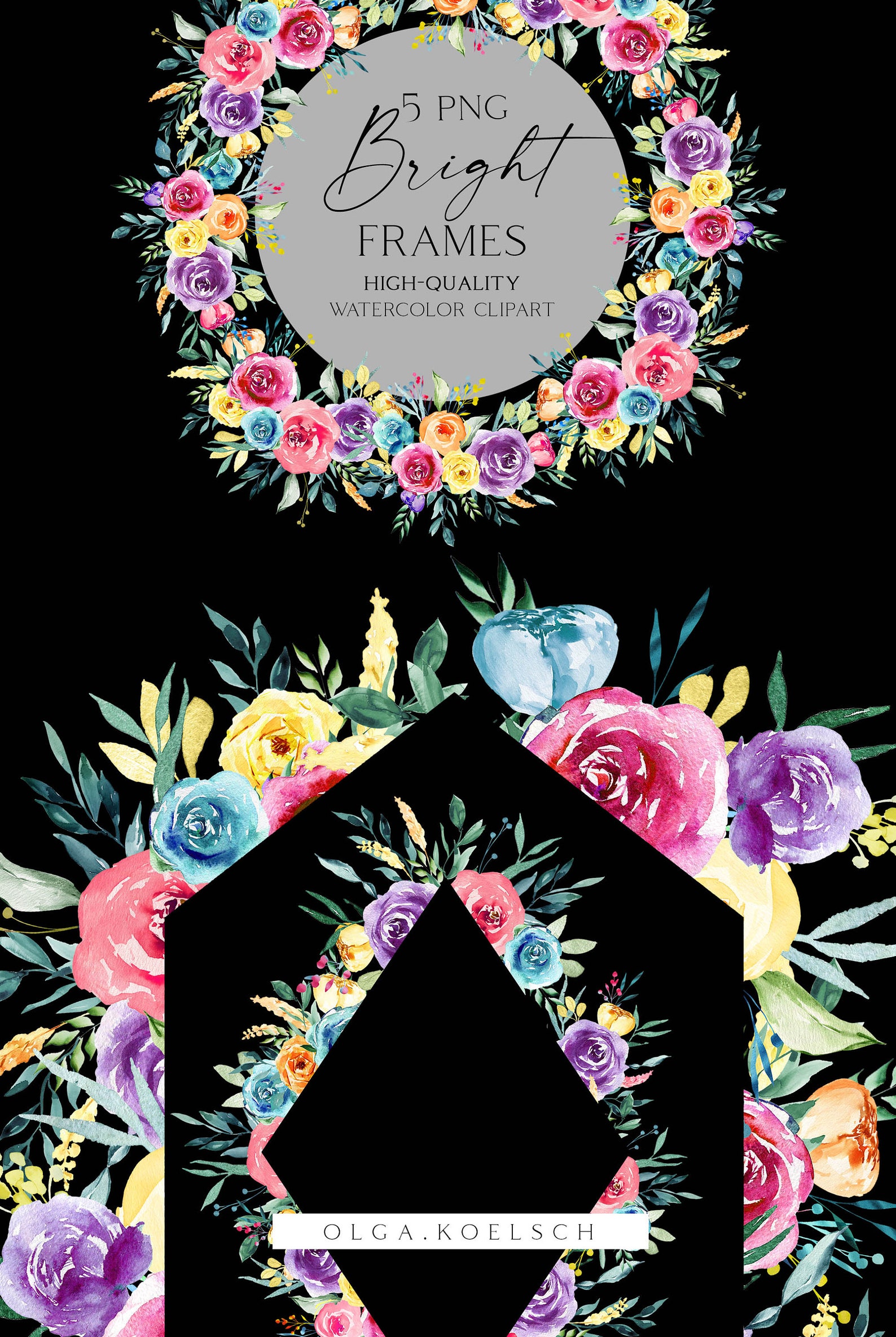 Bright Roses Frame Clipart Watercolor Summer Floral Borders - Etsy