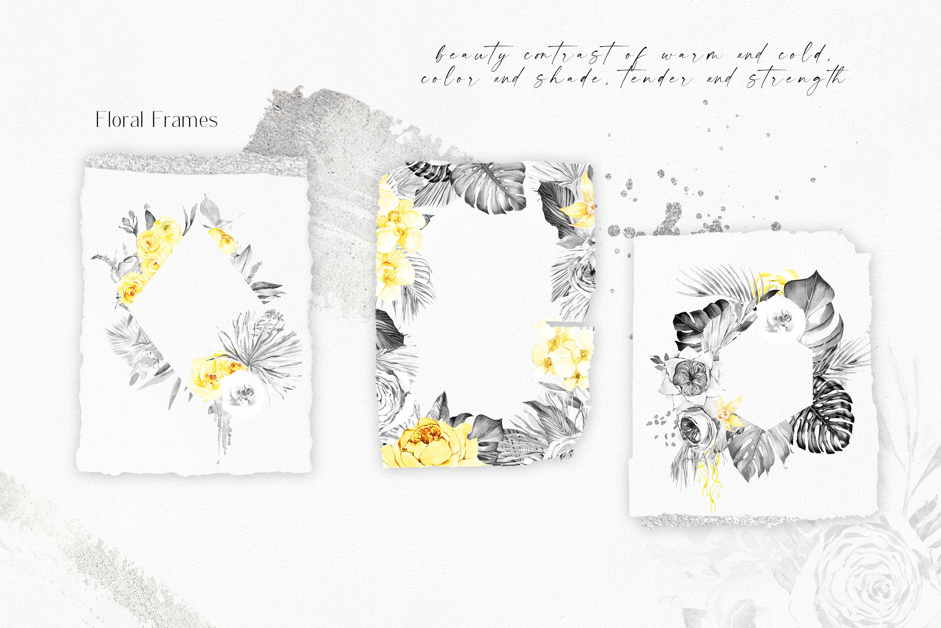 Boho Tropical Watercolor Floral Clipart, Black and White Flowers ...