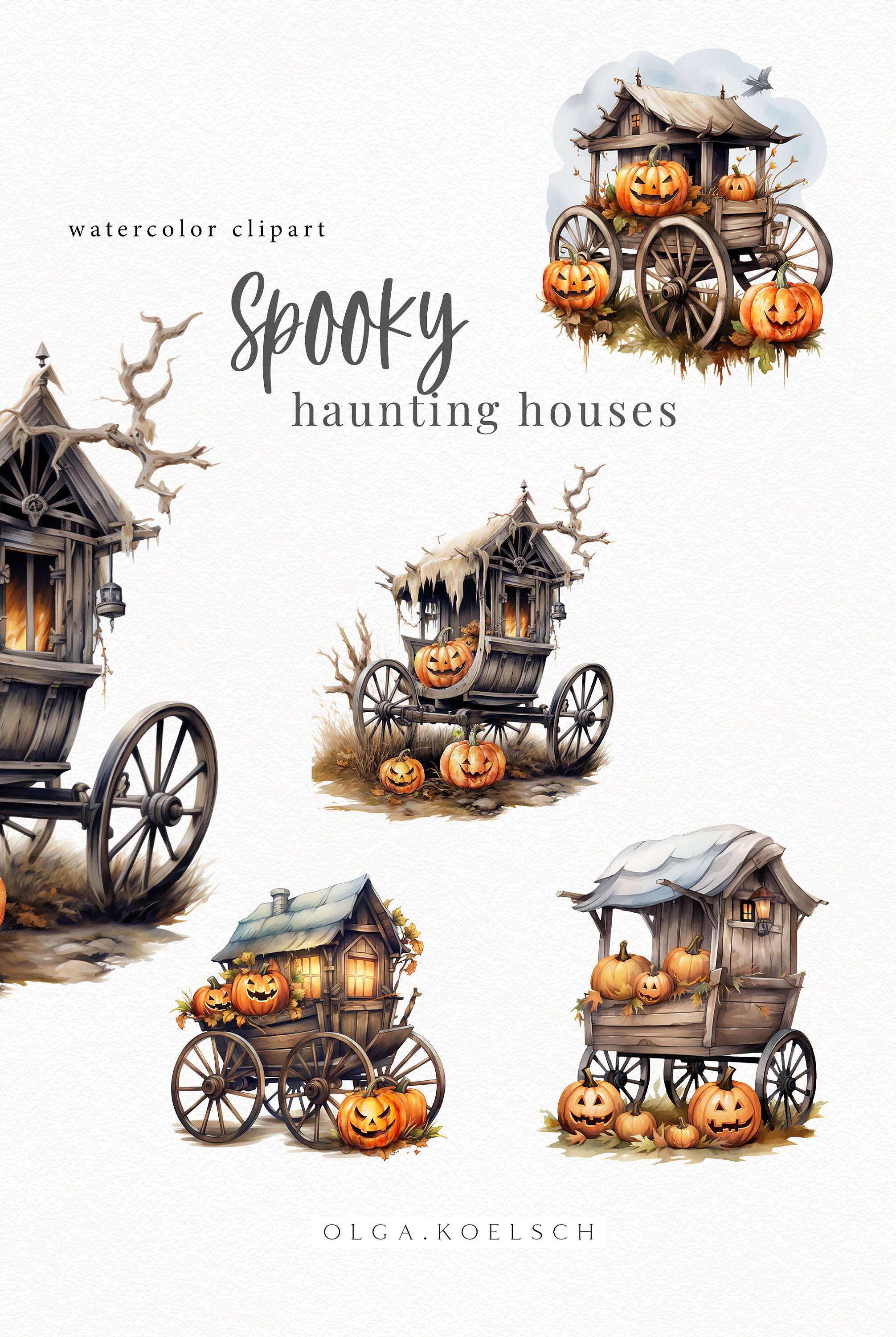 Watercolor Halloween Pumpkin Clipart, Spooky Ghost Houses Png for Party ...