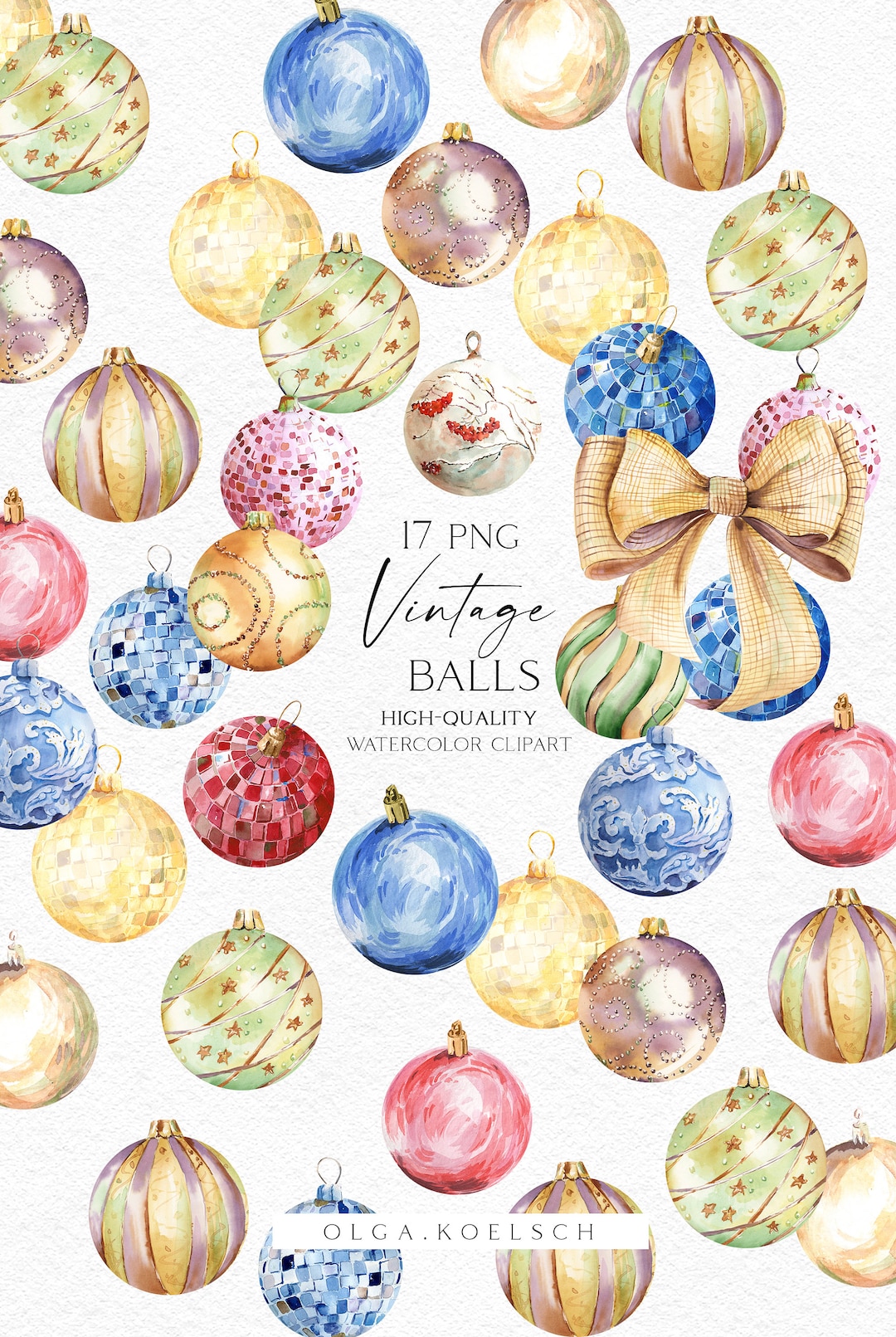 Christmas Baubles Clipart, Watercolor Christmas Vintage Ornaments Png ...