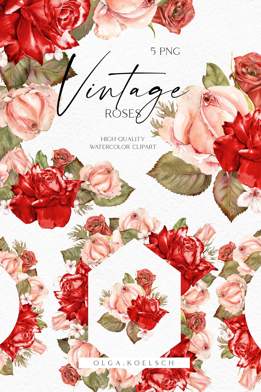 Watercolor Boho Roses Clipart, Boho Pink and Red Roses Floral Borders ...