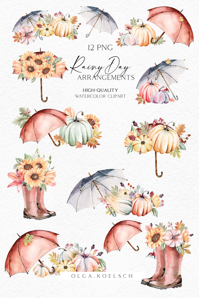 Watercolor Fall Umbrella Clipart Pumpkin Farmhouse Garden - Etsy