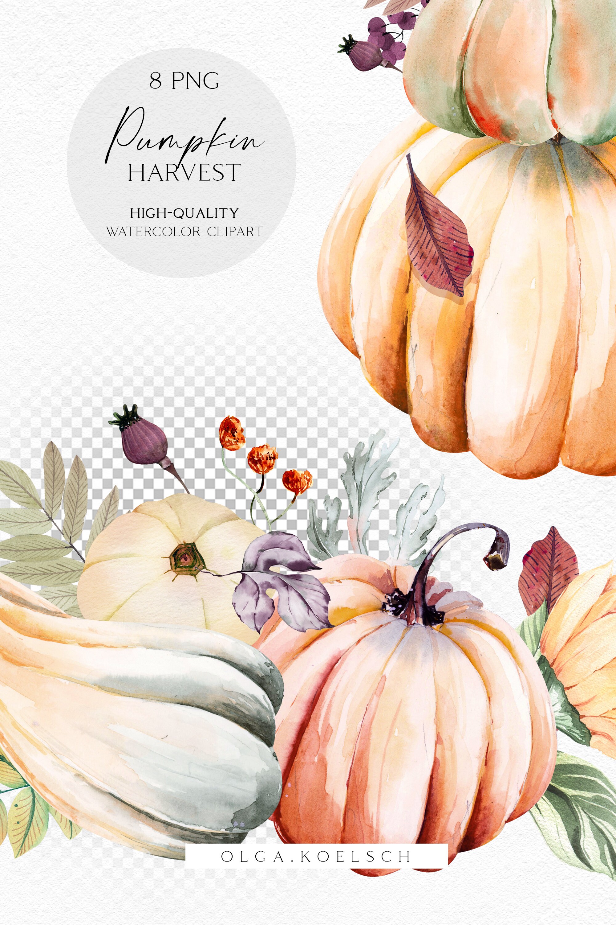 Watercolor Pumpkin Clipart, Fall Pumpkin Png, Garden Icons, Farmhouse ...