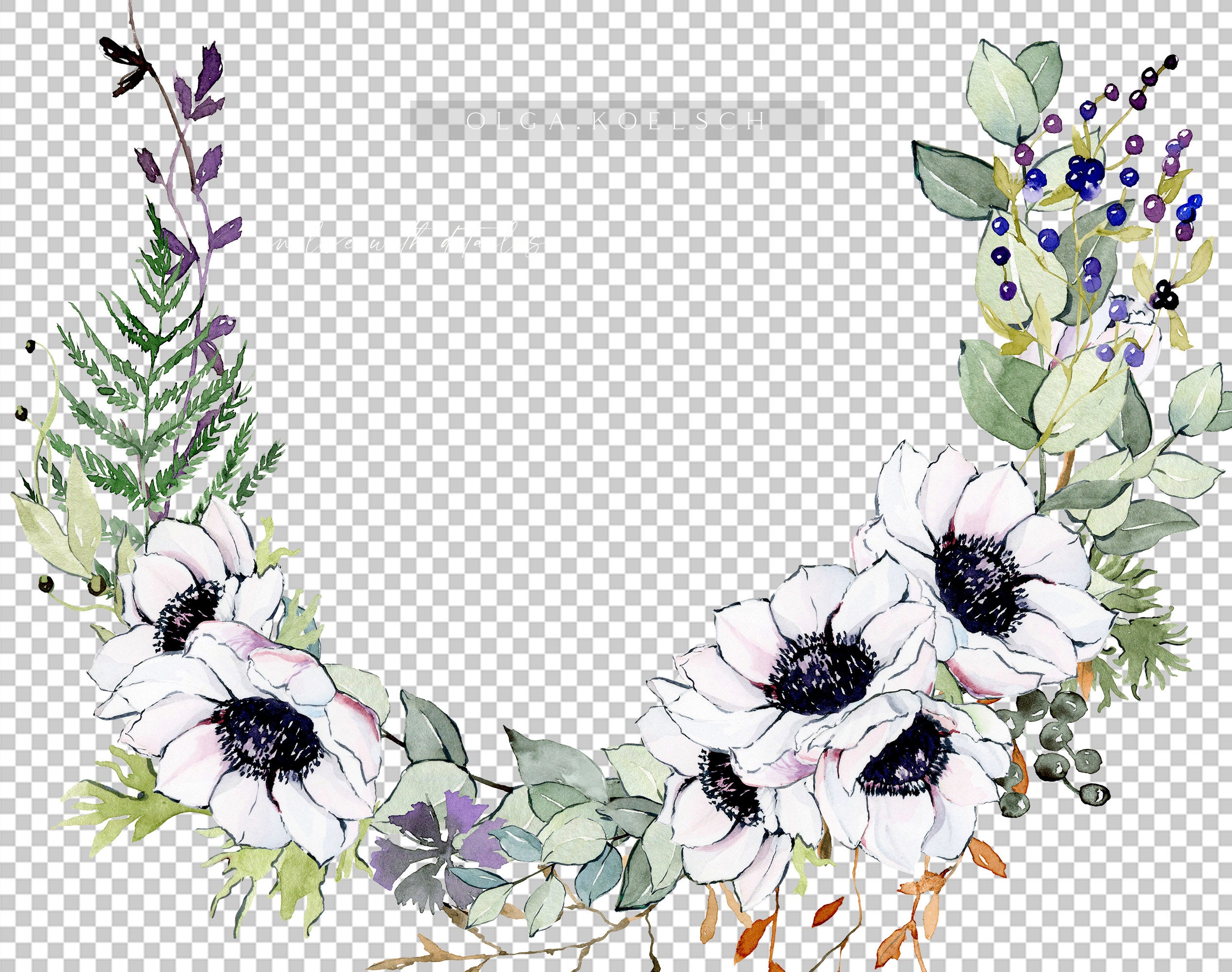 Watercolor Floral Wreath Clipart Boho White Flowers and | Etsy