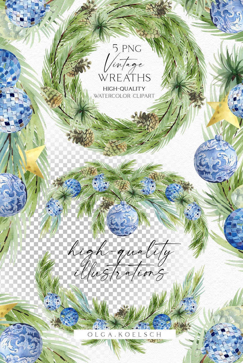 Christmas Wreath Clipart Watercolour Vintage Blue Christmas | Etsy