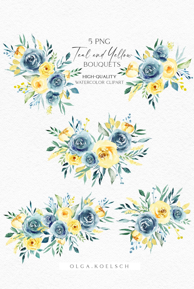 Boho Roses Teal Clipart, Watercolor Yellow Turquoise Floral Bouquets ...