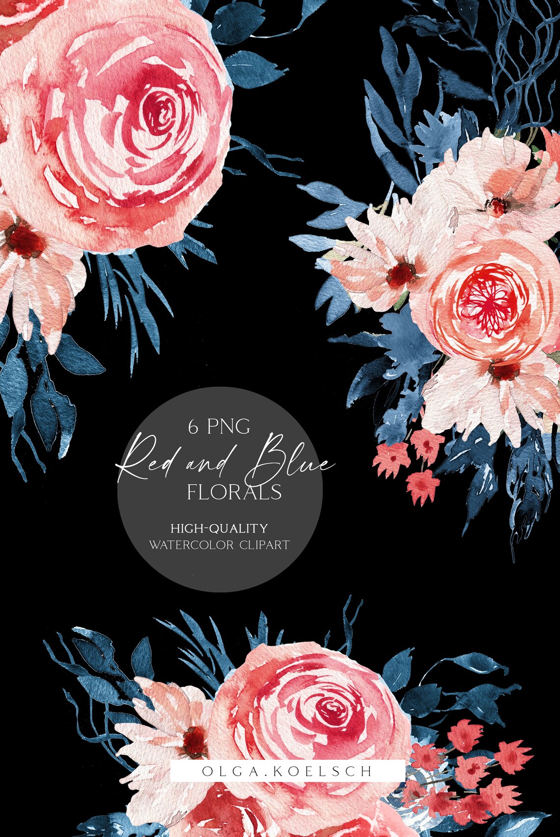 Watercolor Red Floral Clipart Boho Blue Flowers Clipart Hand - Etsy