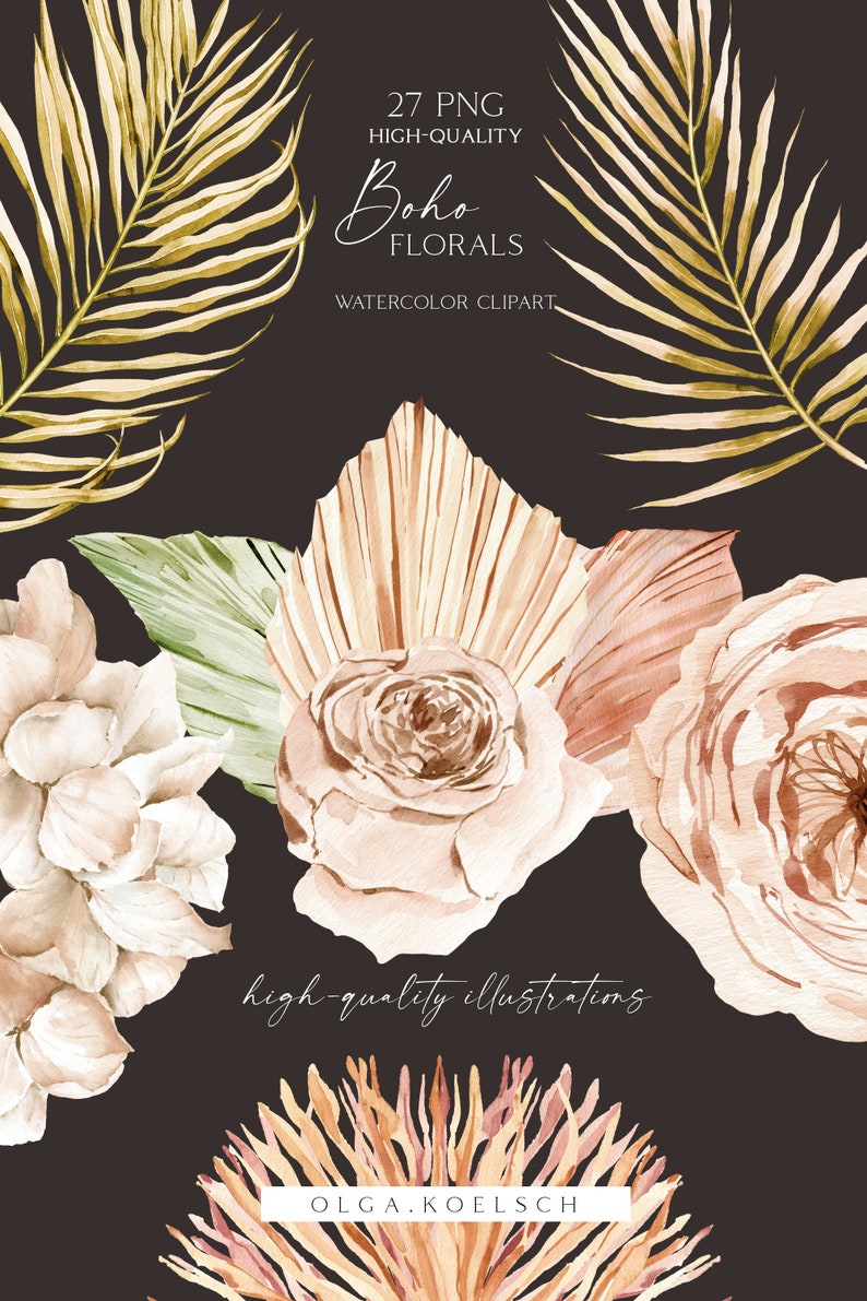 Watercolor Boho Dried Flower Clipart Palm Boho Roses Bouquets - Etsy