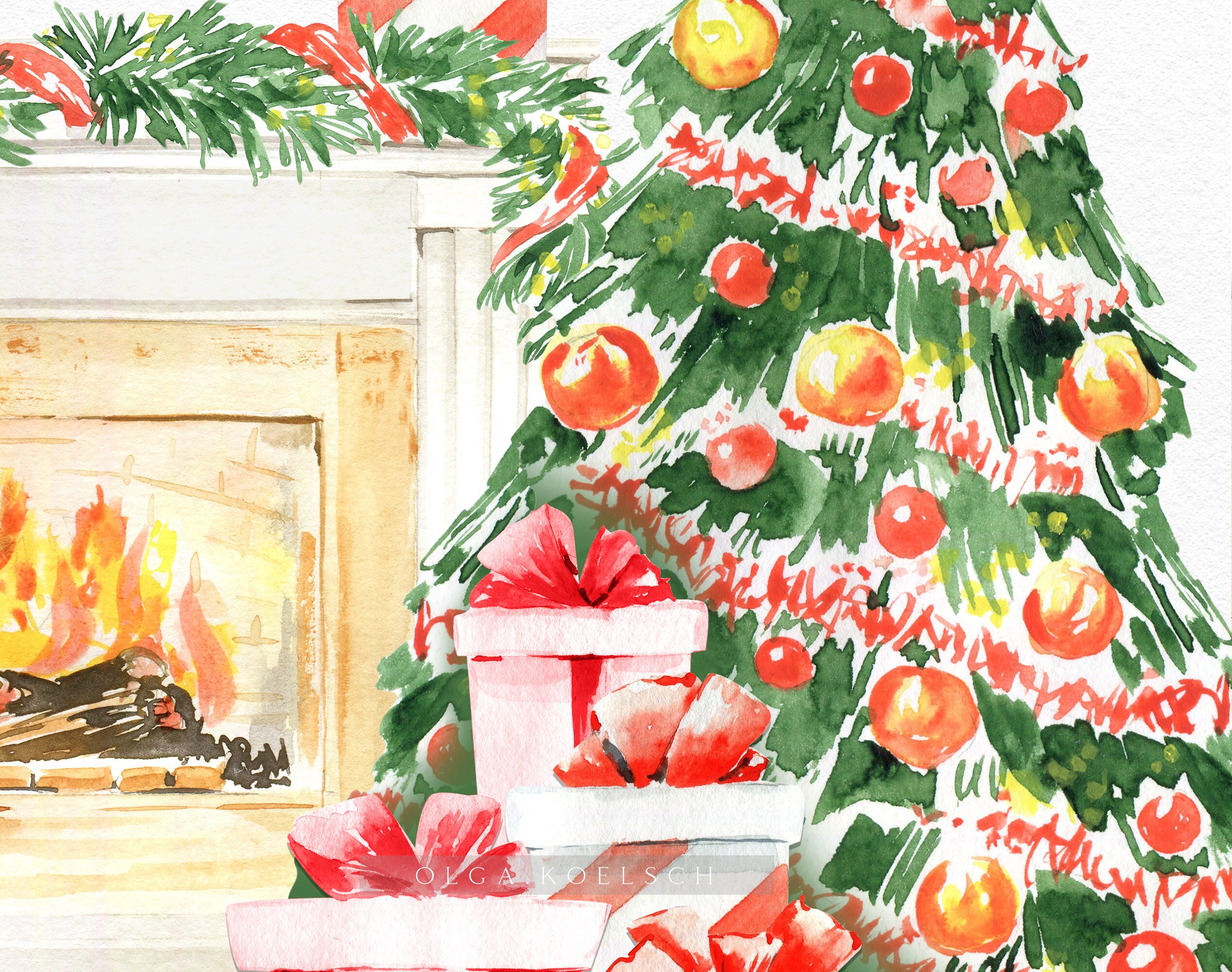 Watercolor Hygge Clipart, Fireplace and Dog Holiday Clip Art, Cozy ...