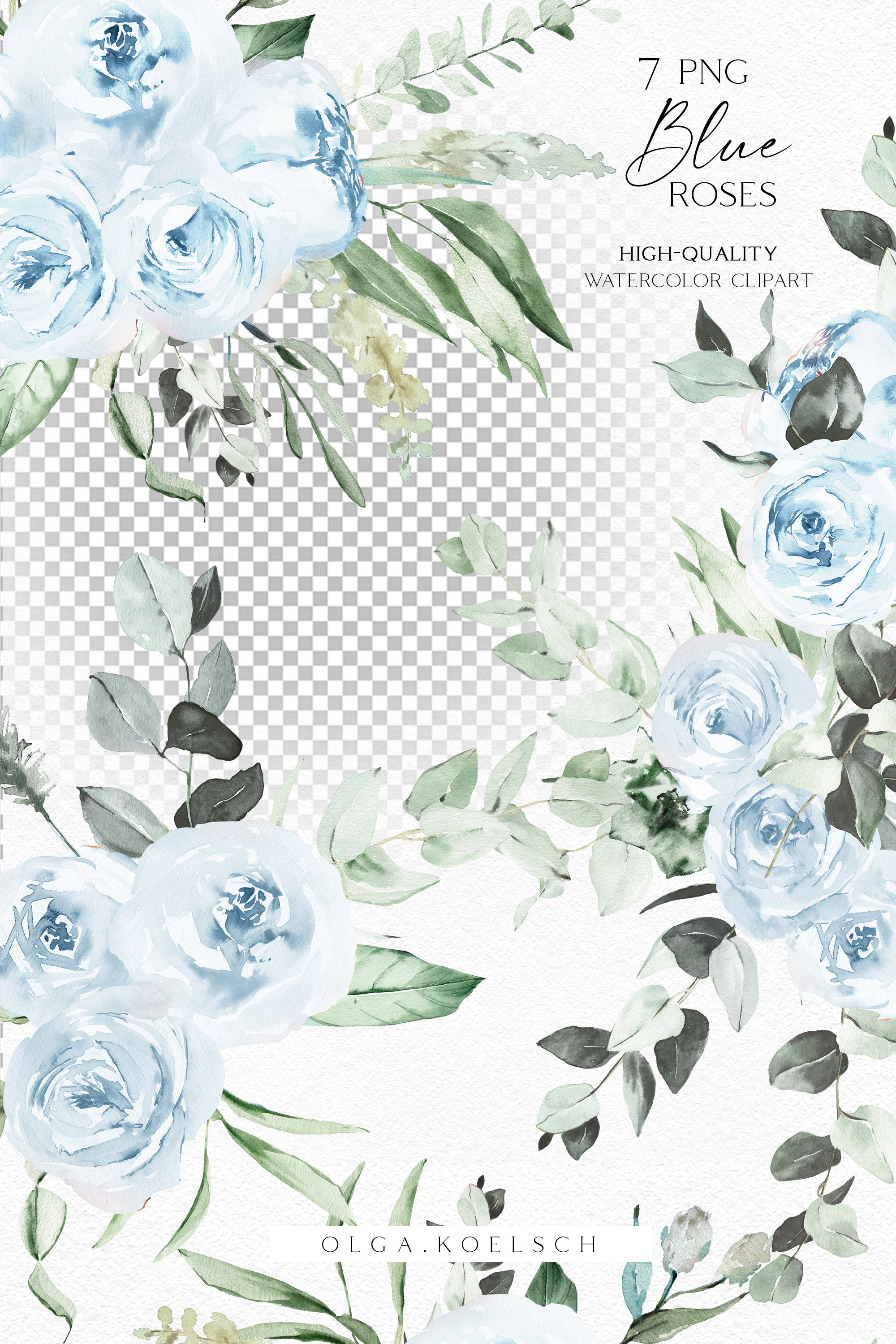 Baby Blue Flowers Clipart Dusty Blue Boho Roses Bouquets - Etsy