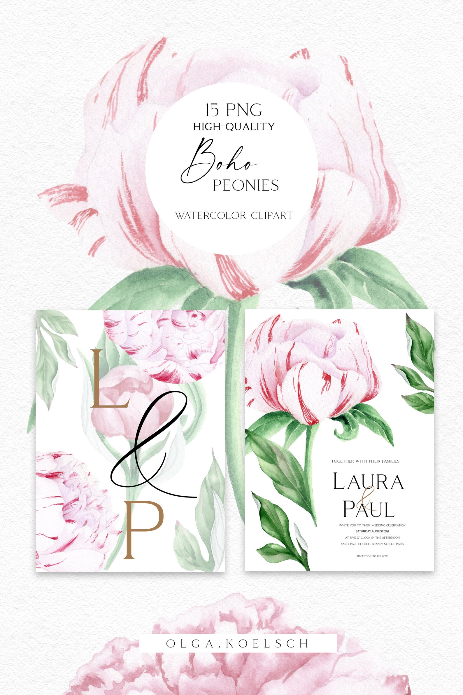 Watercolor Pink Peonies Clipart, Watercolor Boho Flowers Png, Floral ...