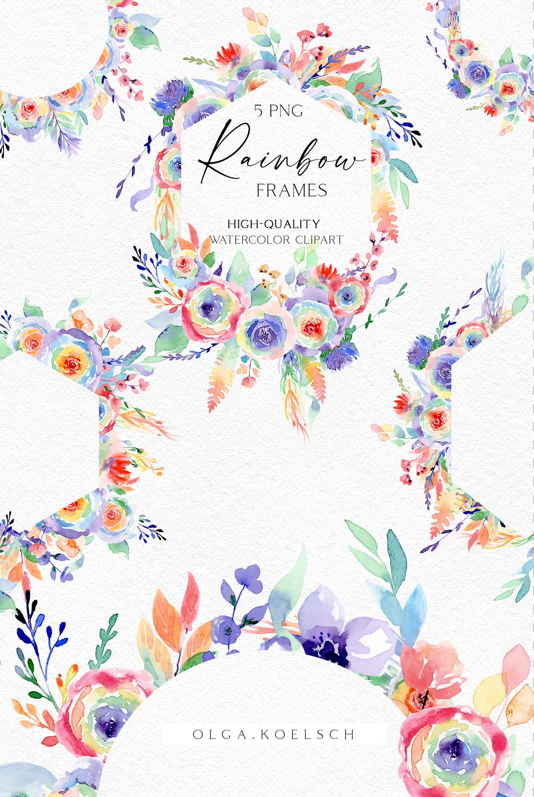 Boho Rainbow Floral Frame Clipart, Watercolor Floral Borders Png ...