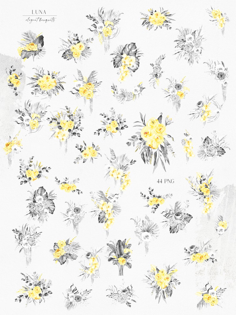 Boho Tropical Watercolor Floral Clipart Black and White - Etsy