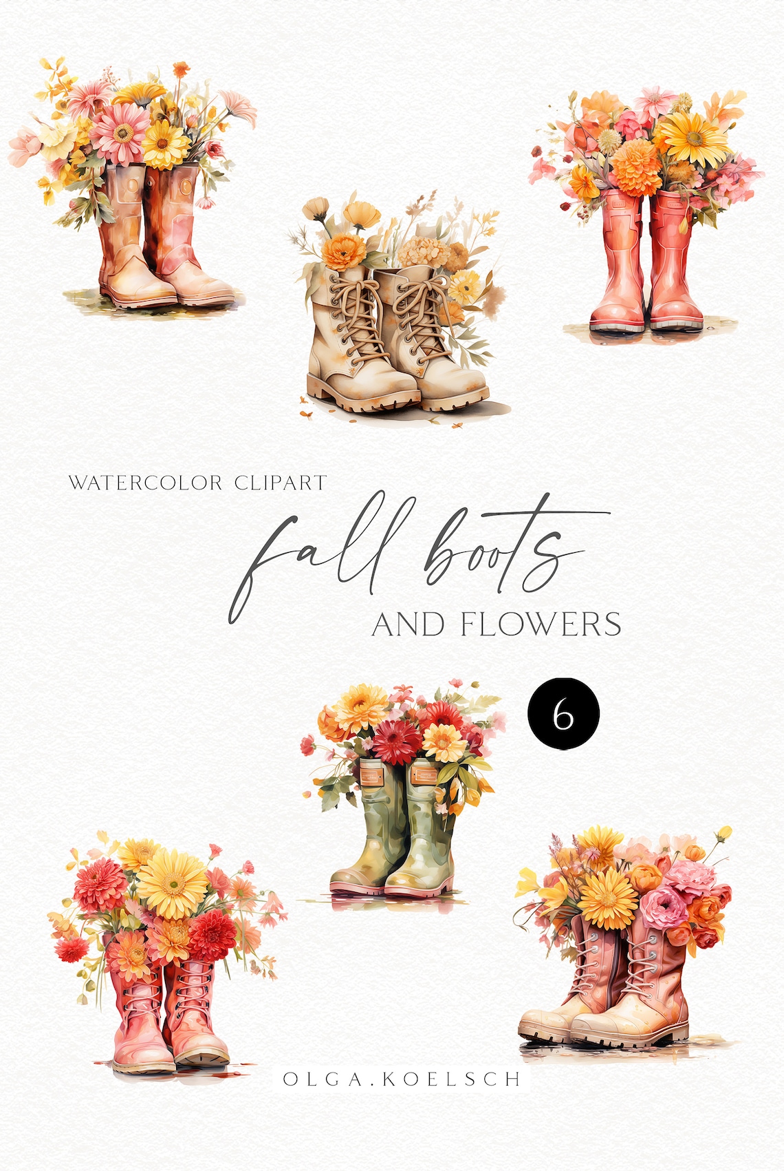 Watercolor Farmhouse Rain Boots Clipart, Fall Floral Boots Png for ...