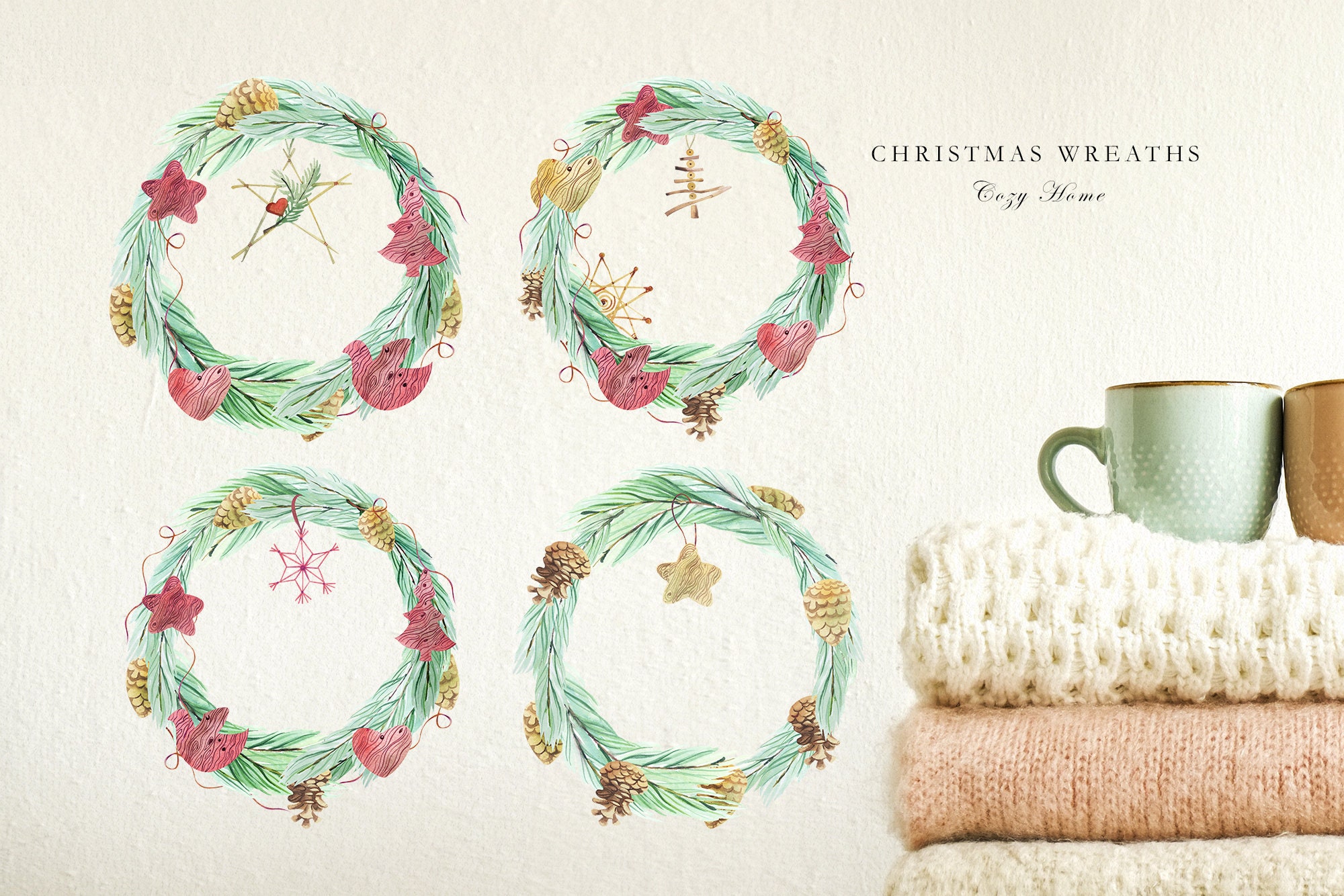 Natural Christmas Clipart Watercolor Boho Christmas Wreath - Etsy