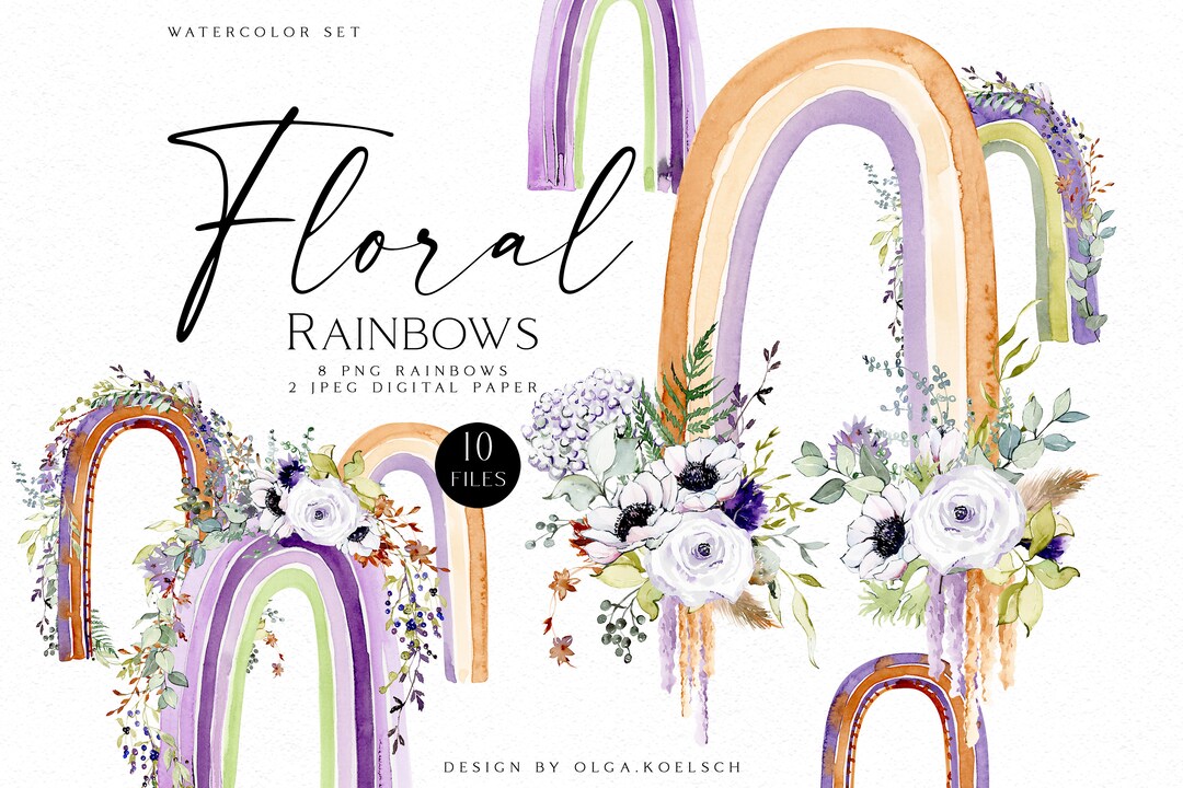 Watercolor Boho Rainbow Clipart, Floral Rainbow Png for Wedding ...