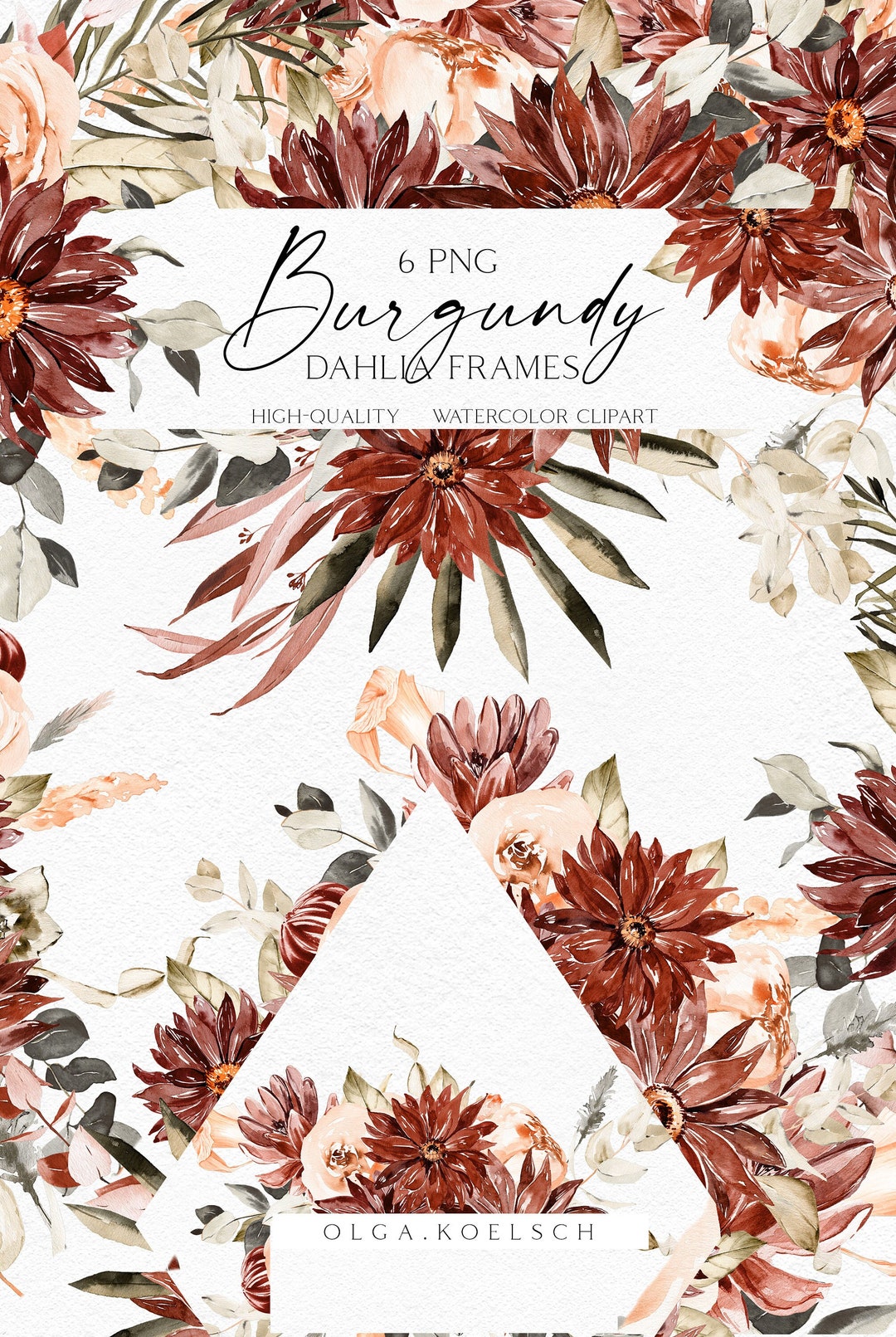Boho Burgundy Floral Frames Clipart, Watercolor Burgundy and Blush ...