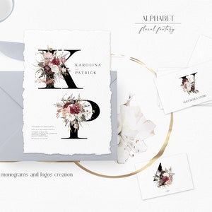 Boho Burgundy Wedding Alphabet Clipart, Watercolor Blush and Burgundy ...