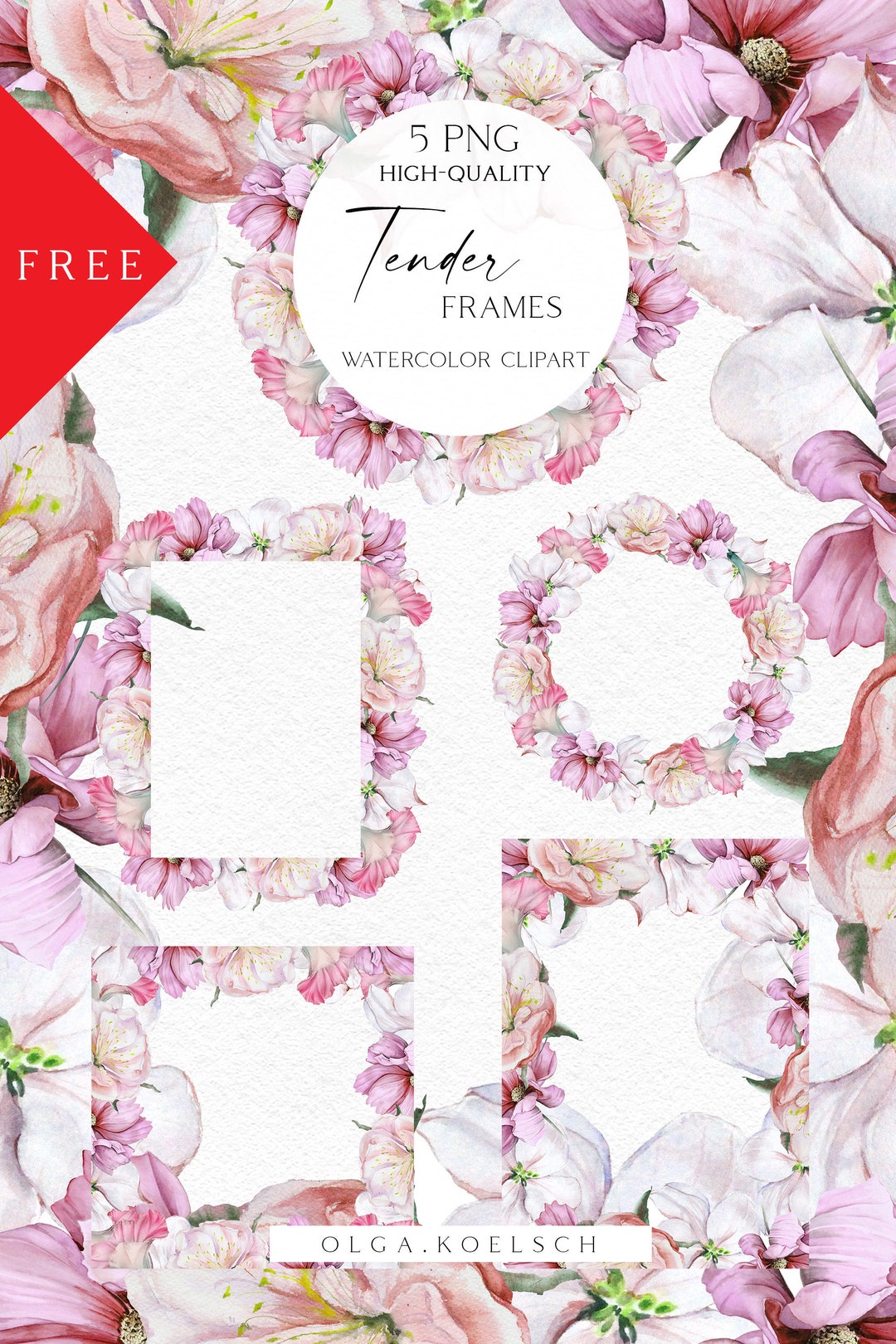 FREEBIE Clipart, Watercolor Boho Flowers Clipart, Wedding Pink Floral ...