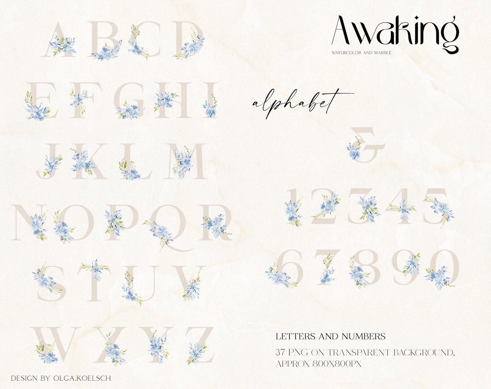 Boho Blue Wedding Alphabet Clipart, Watercolor Baby Blue and Greenery ...