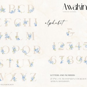Boho Blue Wedding Alphabet Clipart, Watercolor Baby Blue and Greenery ...