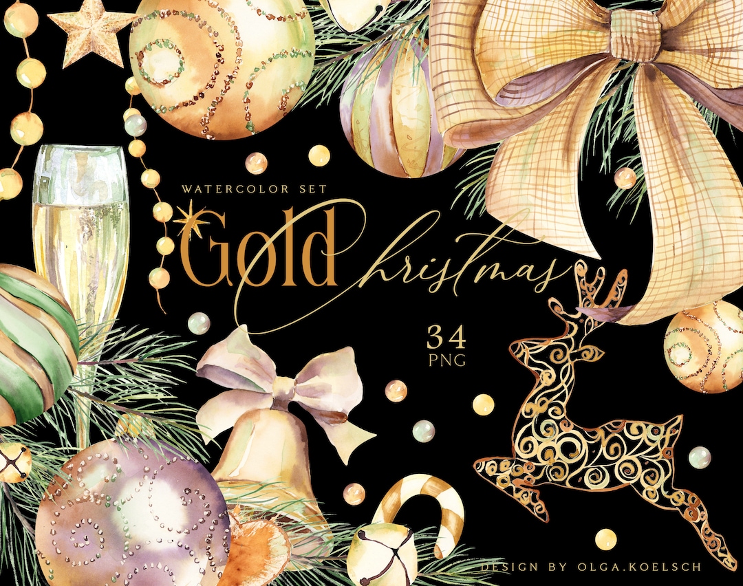 Gold Christmas Ornaments Clipart, Watercolor Christmas Png, Champagne ...