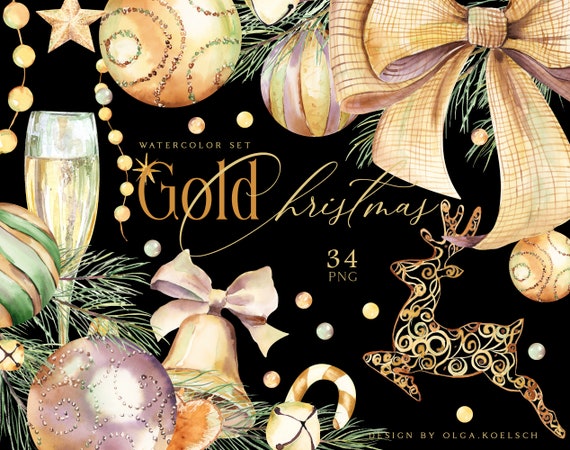 Gold Christmas Ornaments Clipart Watercolor Christmas Png | Etsy