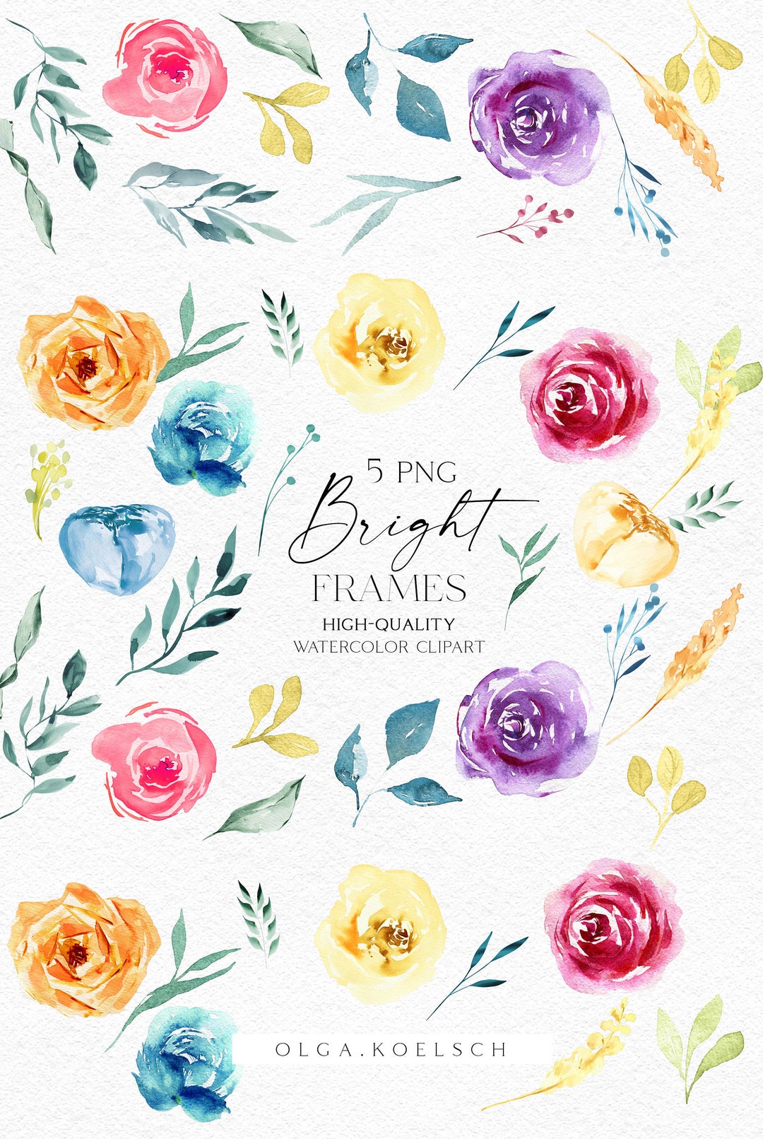 Bright Flowers Clipart Watercolor Roses Summer Floral Png - Etsy