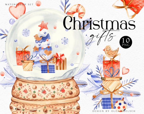 Christmas Snow Globe Clipart. Watercolor Christmas Gifts Cute | Etsy