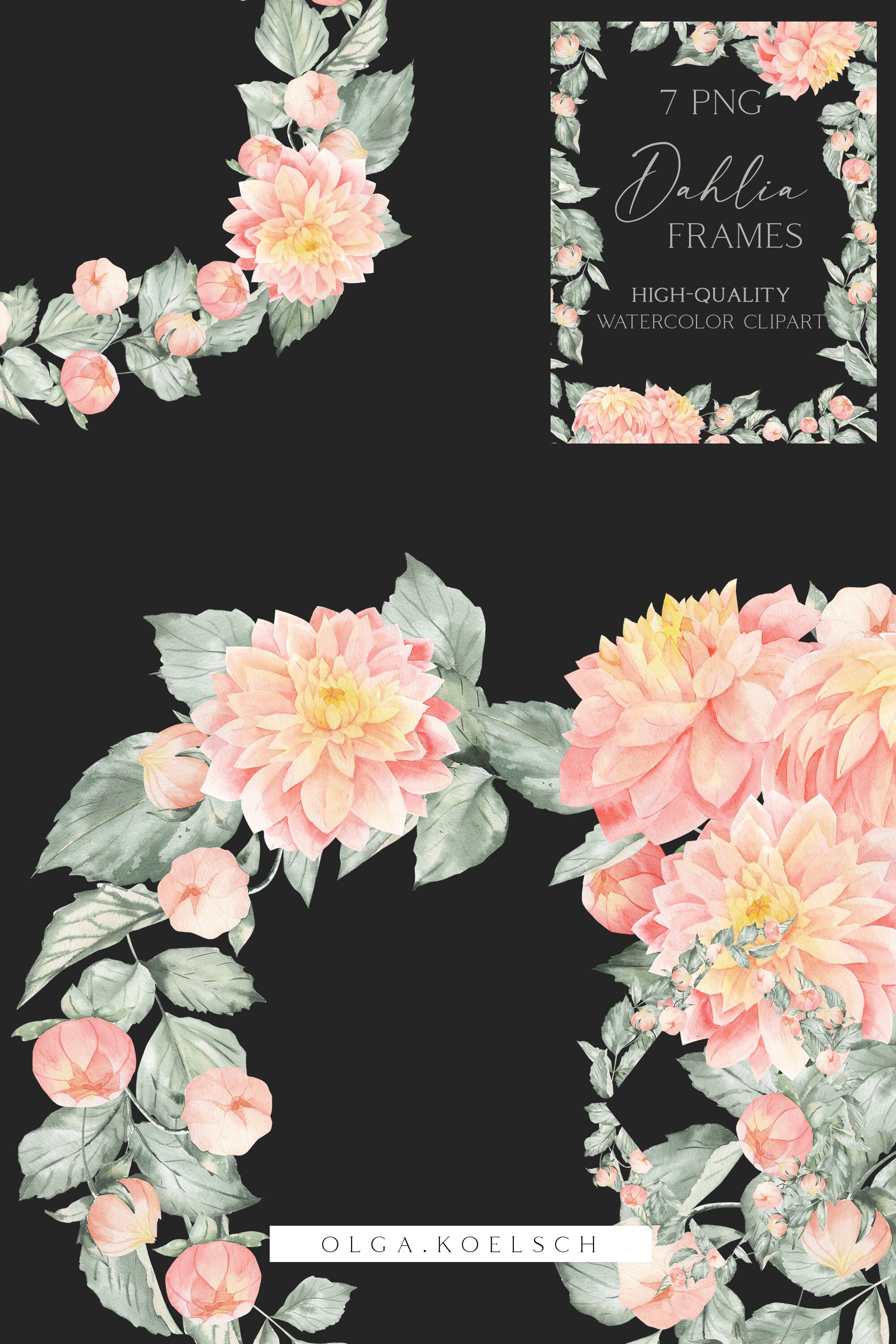 Watercolor Frames Clipart, Dahlia Clip Art Pink Flowers, Boho Floral ...