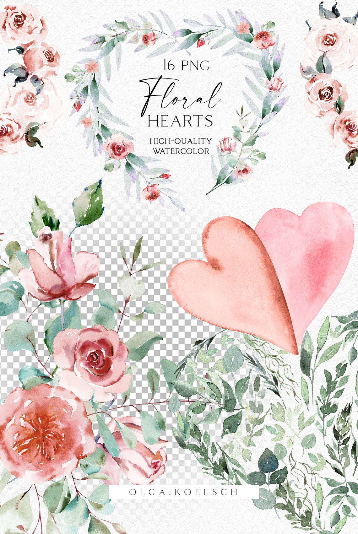 Pink Flower Png Watercolor Valentine Clipart Floral Heart - Etsy