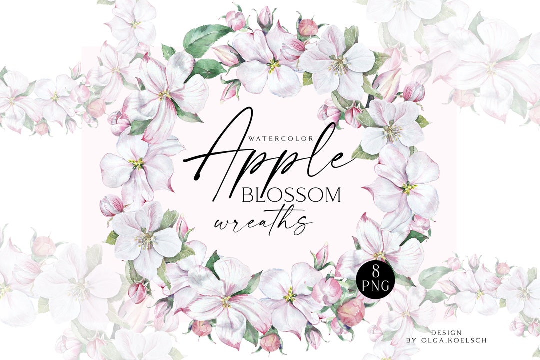 Watercolor Apple Blossom Clipart, Cherry Blossom White Floral Wreath ...