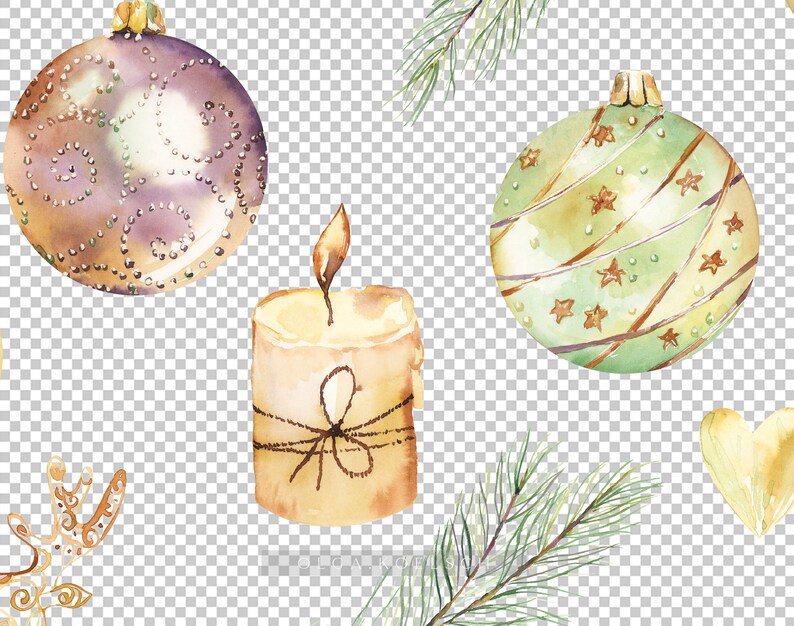 Gold Christmas Ornaments Clipart Watercolor Christmas Png - Etsy