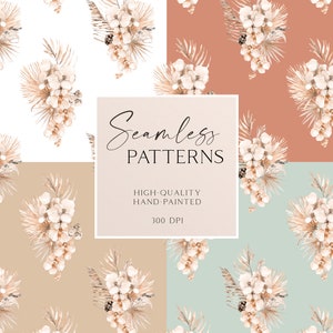 Boho Bouquets Watercolor Digital Paper, Flower Seamless Pattern for ...