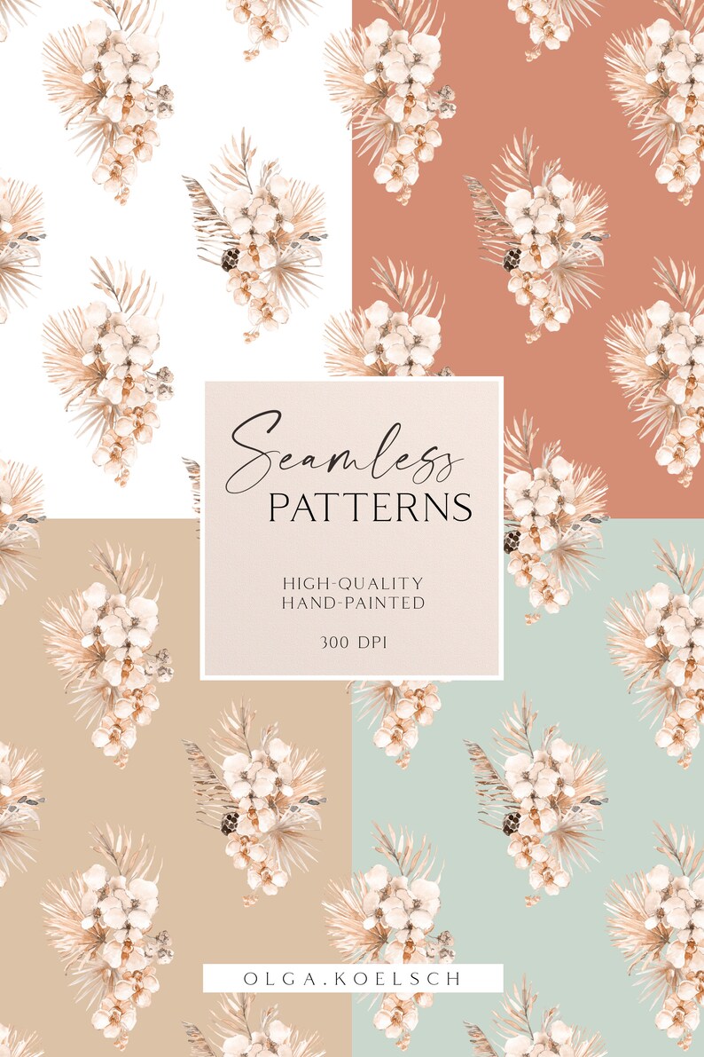 Boho Bouquets Watercolor Digital Paper, Flower Seamless Pattern for ...