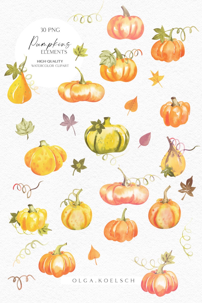Watercolor Fall Clipart Cute Pumpkin Clipart Autumn Clip Art - Etsy