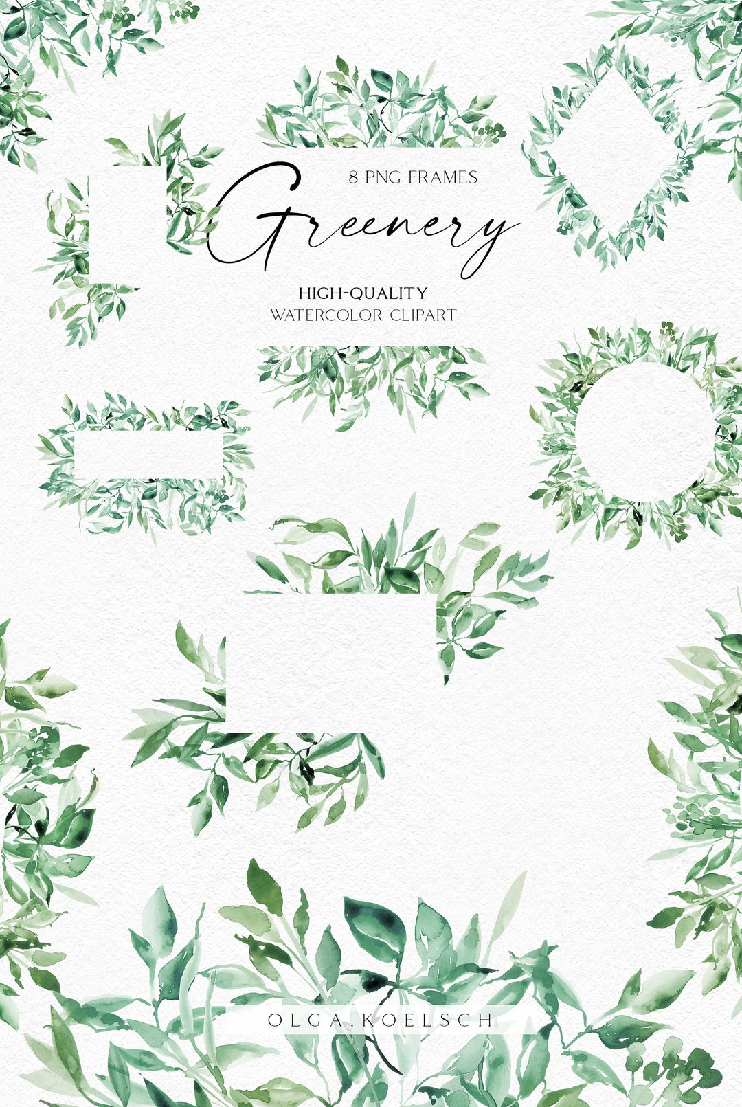 Watercolor Greenery Frames Clipart, Eucalyptus Clipart, Green Twigs Png ...