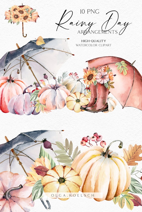 Watercolor Fall Umbrella Clipart Pumpkin Farmhouse Garden - Etsy