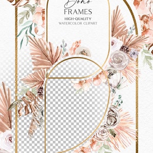 Watercolor Boho Frame Clipart, Palm Boho Floral Borderds Png, Dried ...
