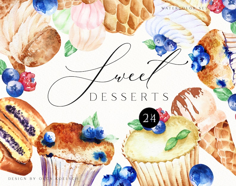 Watercolor Cupcake Clipart Sweet Dessert Clipart for Bakery - Etsy